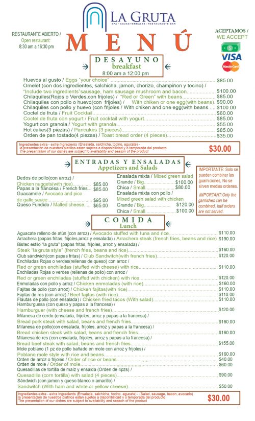 Menú Digital – La Gruta Spa